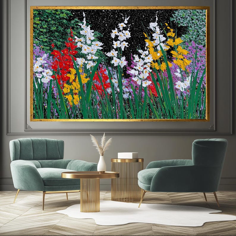 Floral Landscape Tall Narrow Painting: Colorful Flower Field Print - Etsy
