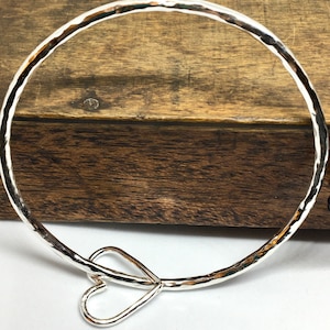 Solid Silver Heart Charm Bangle - Etsy