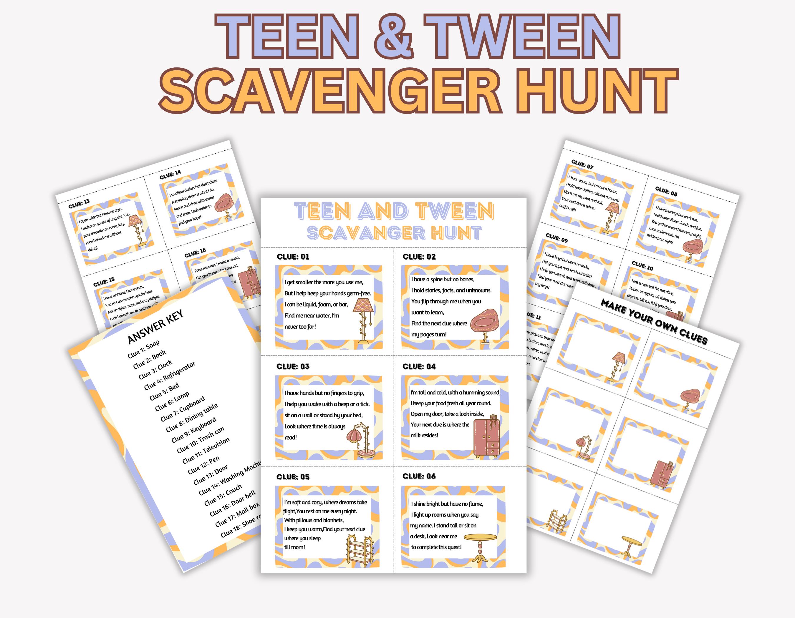 Teen and Tween Scavenger Hunt, Treasure Hunt Clues for Teens, Scavenger ...