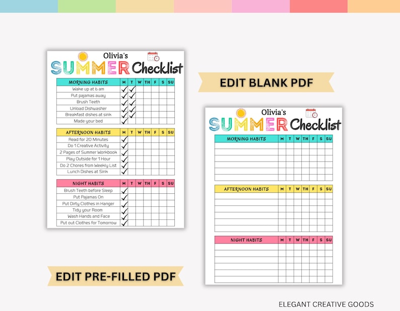 Summer Checklist, Editable Summer Daily Checklist for Kids, Printable ...