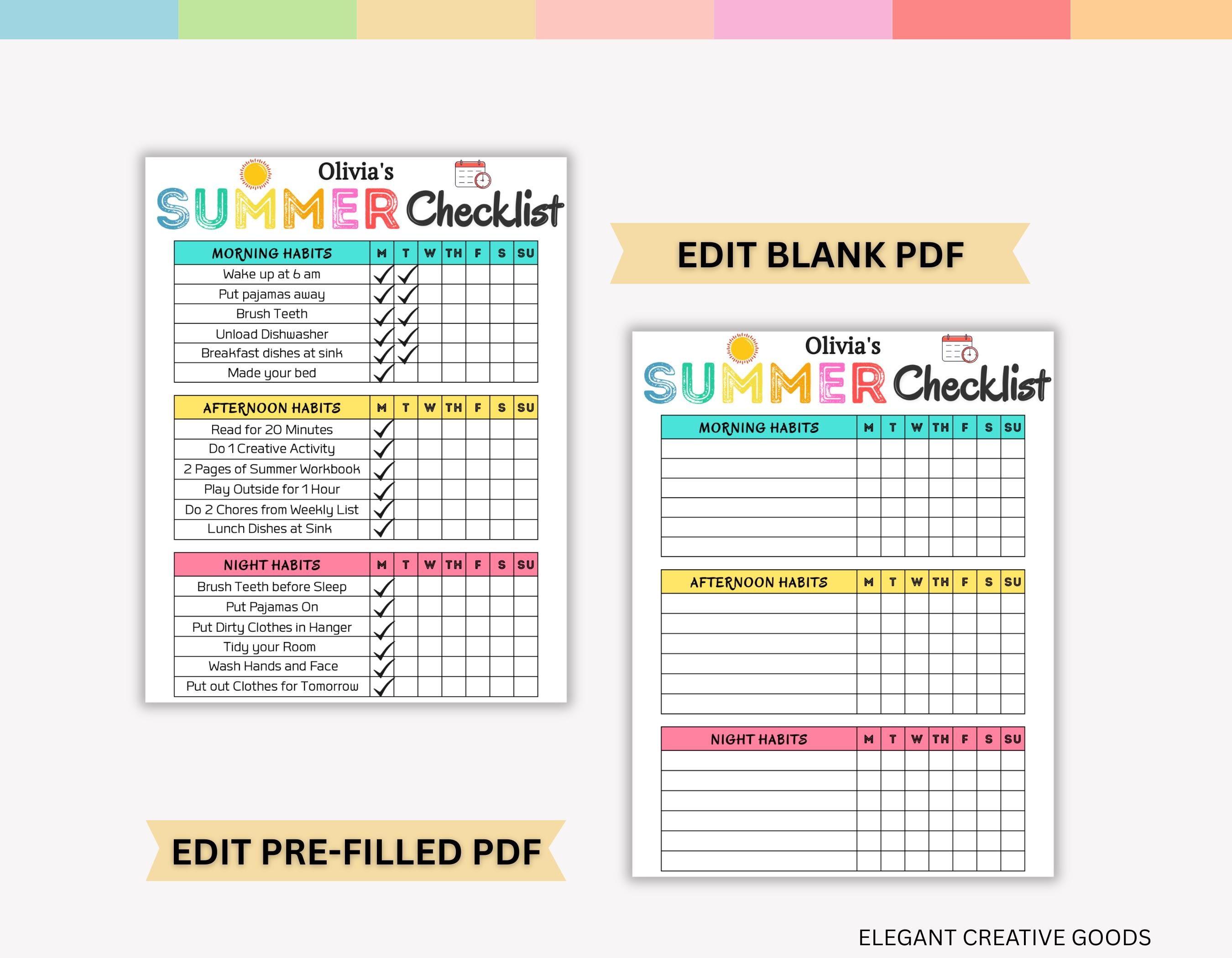 Summer Checklist, Editable Summer Daily Checklist for Kids, Printable ...