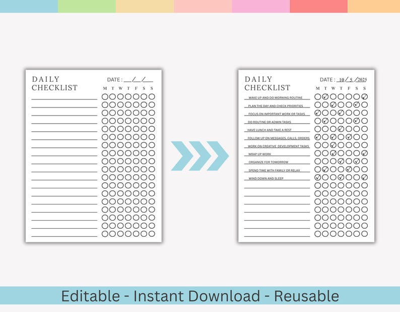 Editable Daily Checklist, Daily Planner, Daily Task, Daily to Do List ...