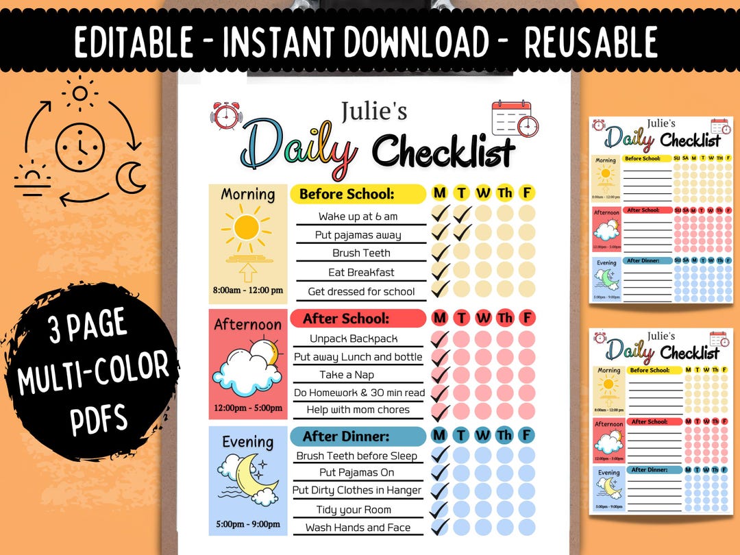 Kids Daily Checklist, Printable Chore Chart, Responsibility Chart ...
