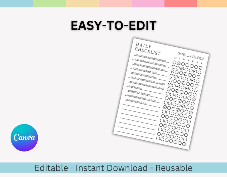 Editable Daily Checklist, Daily Planner, Daily Task, Daily to Do List ...
