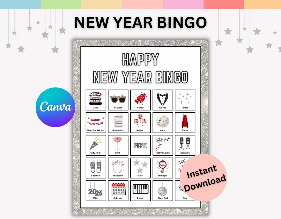 New Year's Bingo Game Printable, Holiday Bingo Cards, New Year's ...
