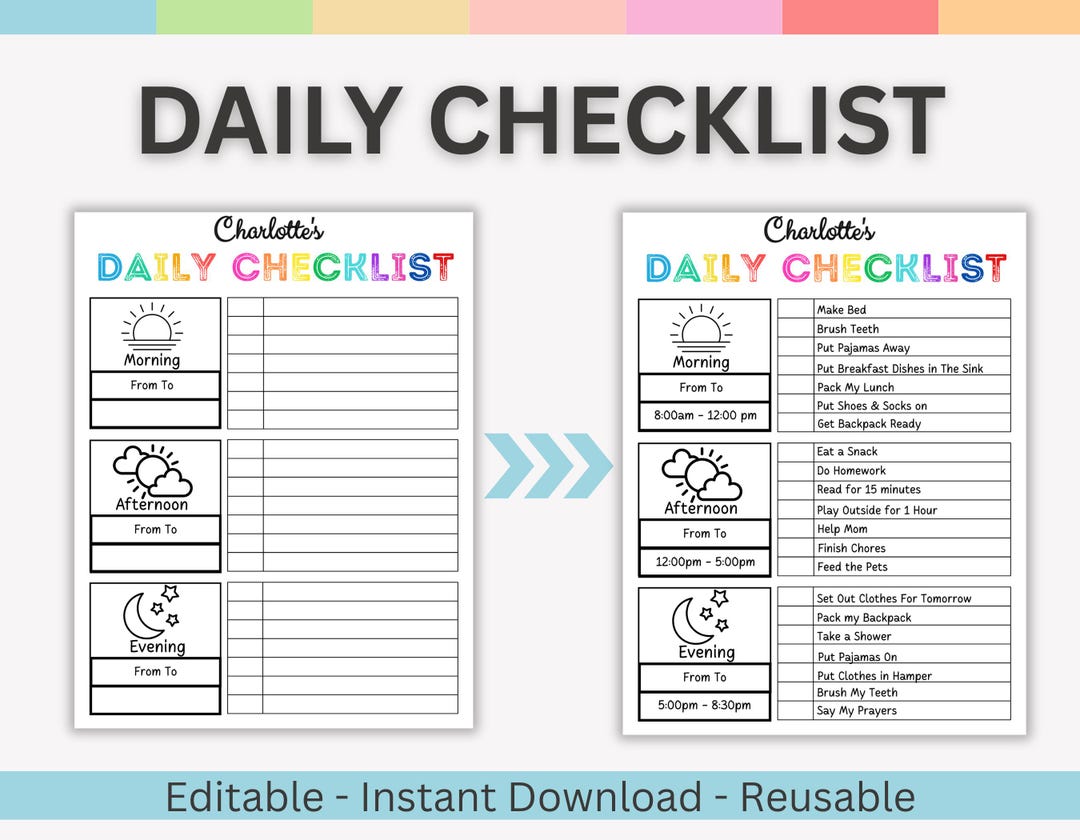 Kids Daily School Checklist, Editable Chore Chart, Responsibility Chart ...