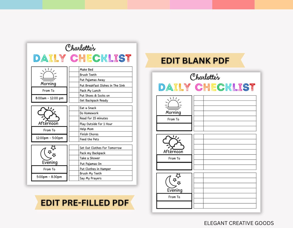 Kids Daily School Checklist, Editable Chore Chart, Responsibility Chart ...