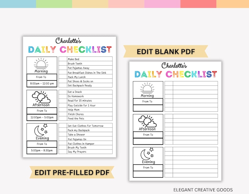 Kids Daily School Checklist, Editable Chore Chart, Responsibility Chart ...