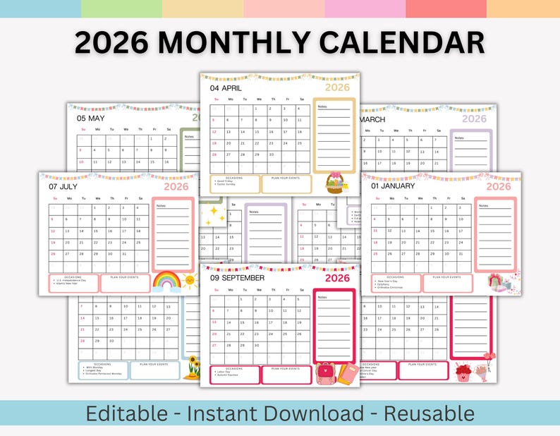 2026 Editable & Printable Calendar | Kids School Calendar Template ...
