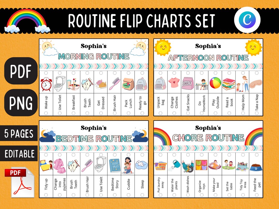 Chore Routine Chart Editable Printable, Morning Evening Bedtime Flip ...