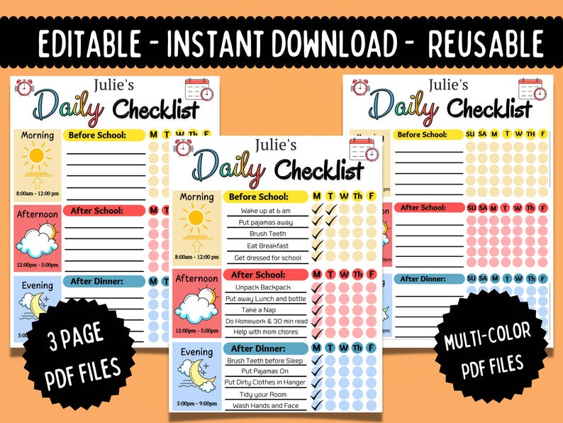 Kids Daily Checklist, Printable Chore Chart, Responsibility Chart ...