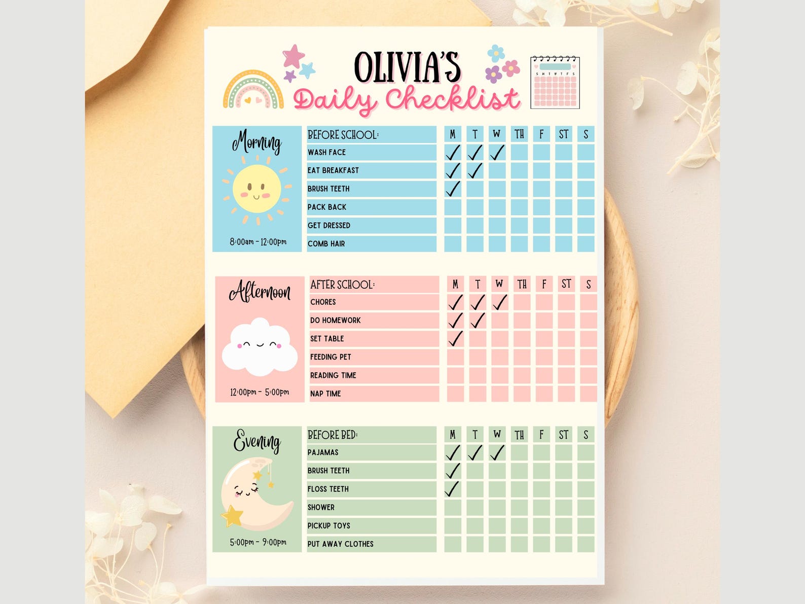 Kids Daily School Checklist, Printable Chore Chart, Responsibility ...