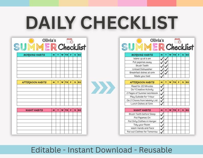 Summer Checklist, Editable Summer Daily Checklist for Kids, Printable ...