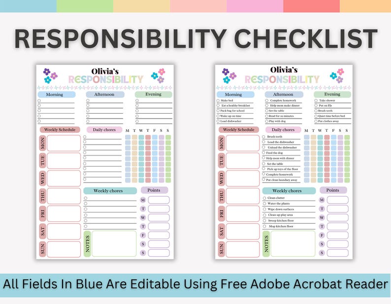 Editable Responsibility Chart for Kids, Responsibility Chore Chart for ...