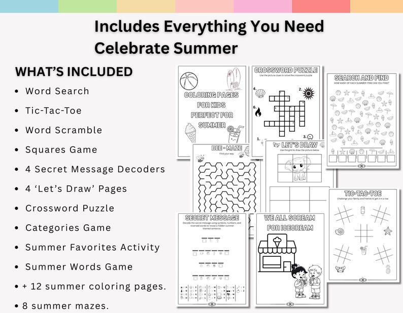 Kids Summer Printable Activity Bundle Engaging Coloring Pages, Puzzles ...