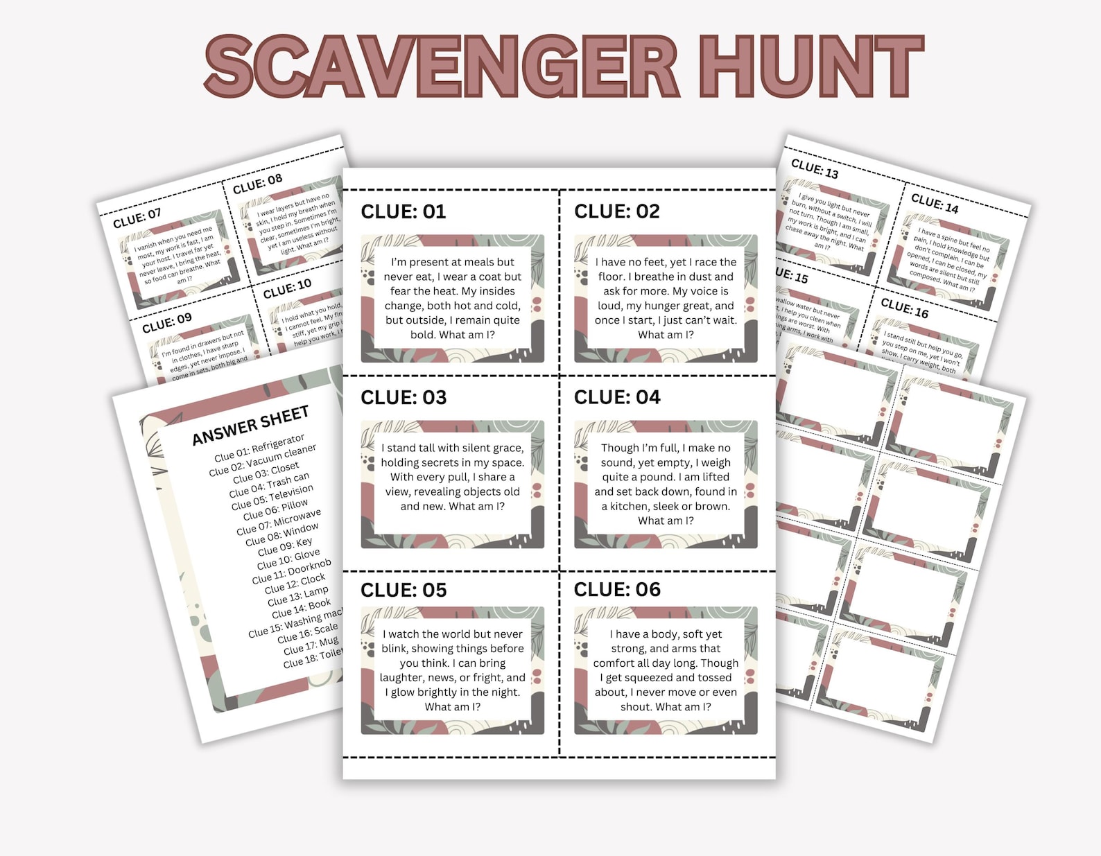 Adult Indoor and Outdoor Scavenger Hunt Game Printable, Riddle Clue ...