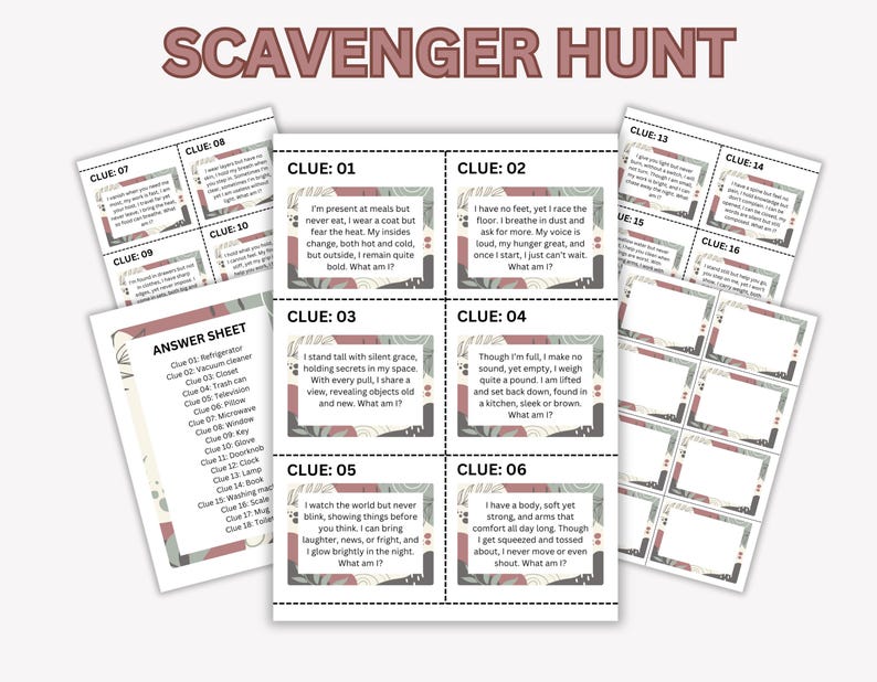 Adult Indoor and Outdoor Scavenger Hunt Game Printable, Riddle Clue ...