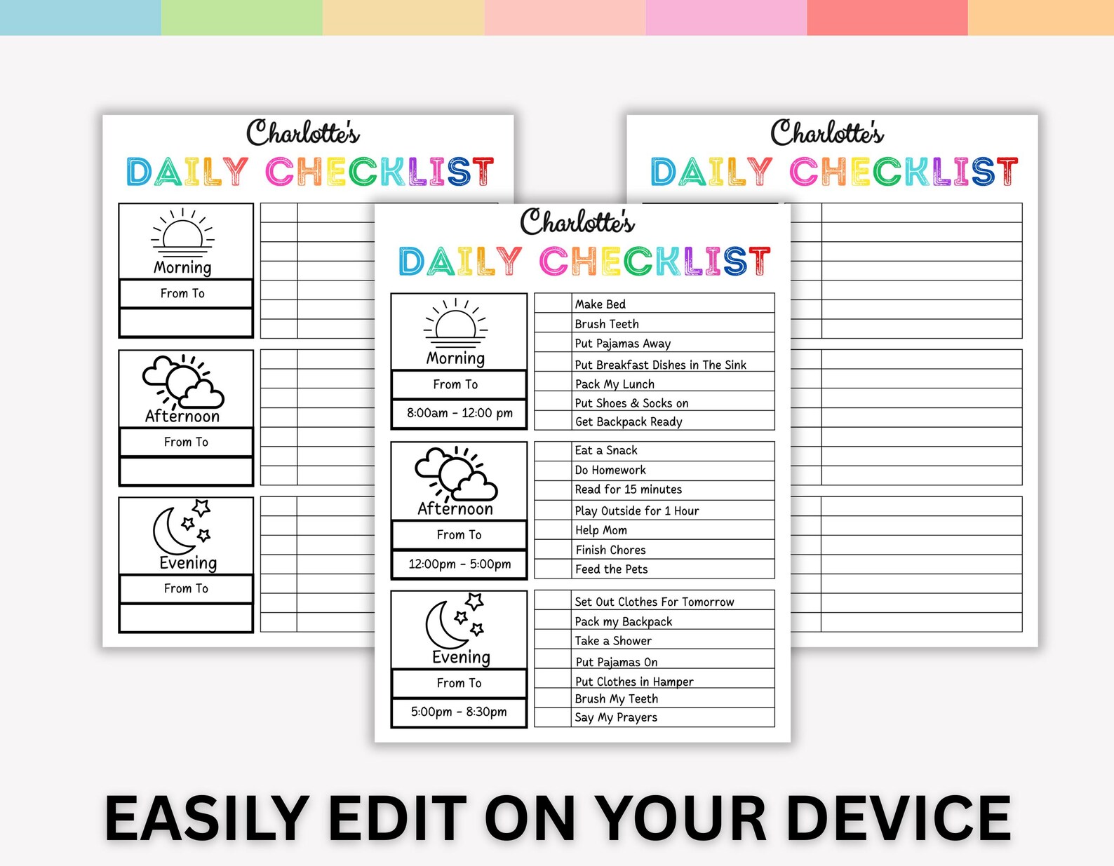 Kids Daily School Checklist, Editable Chore Chart, Responsibility Chart ...