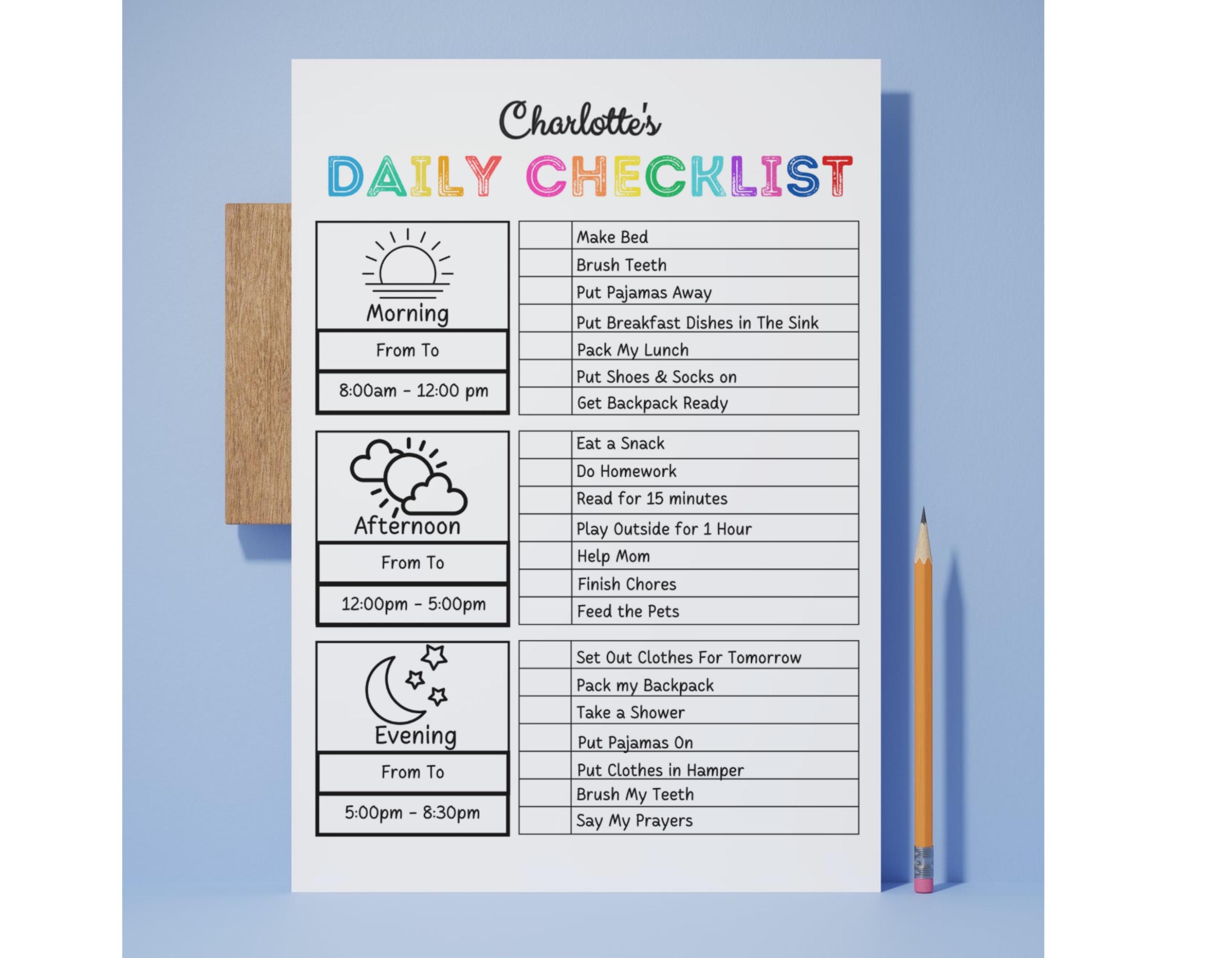 Kids Daily School Checklist, Editable Chore Chart, Responsibility Chart ...