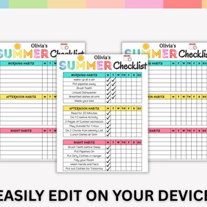 Summer Checklist, Editable Summer Daily Checklist for Kids, Printable ...