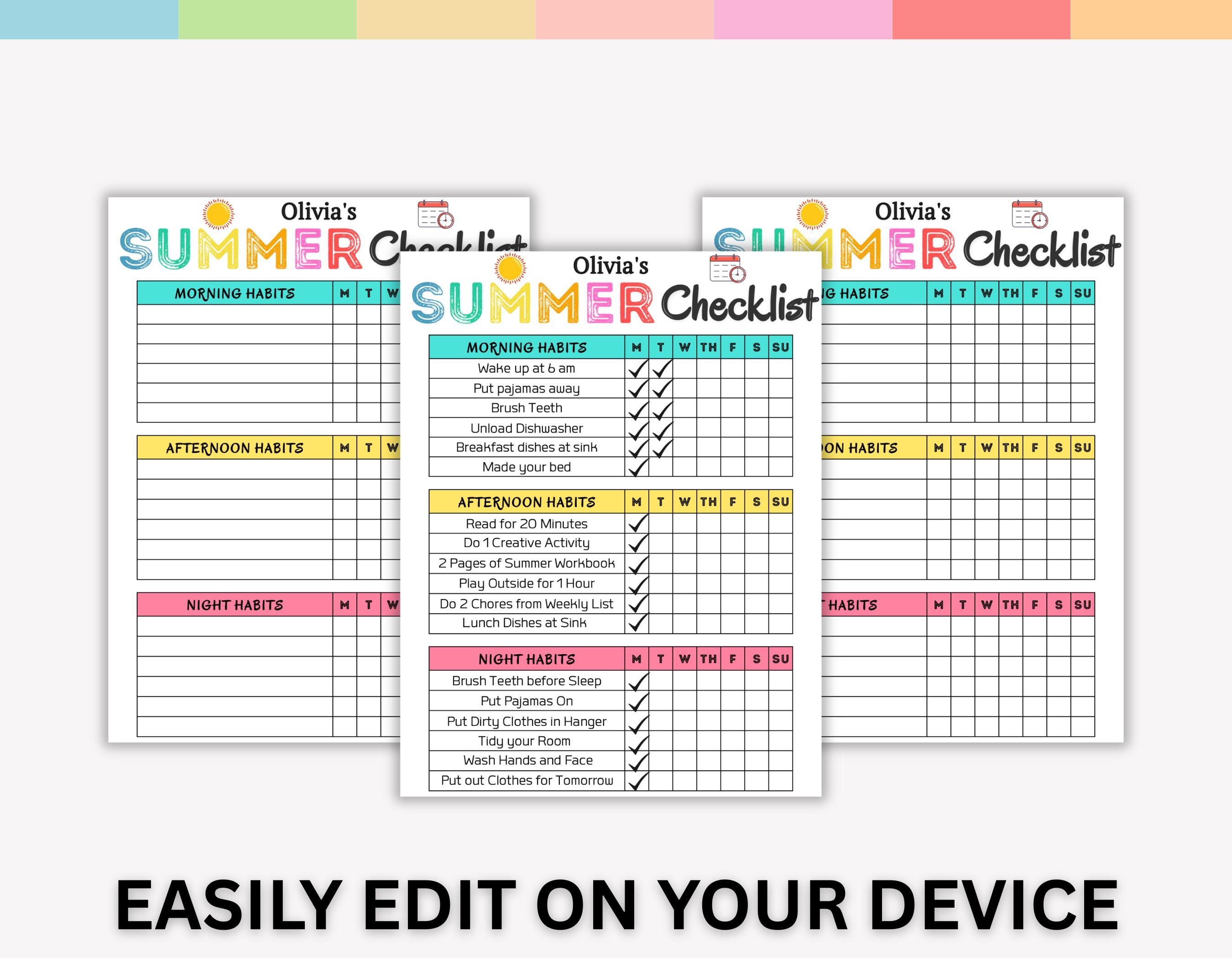 Summer Checklist, Editable Summer Daily Checklist for Kids, Printable ...