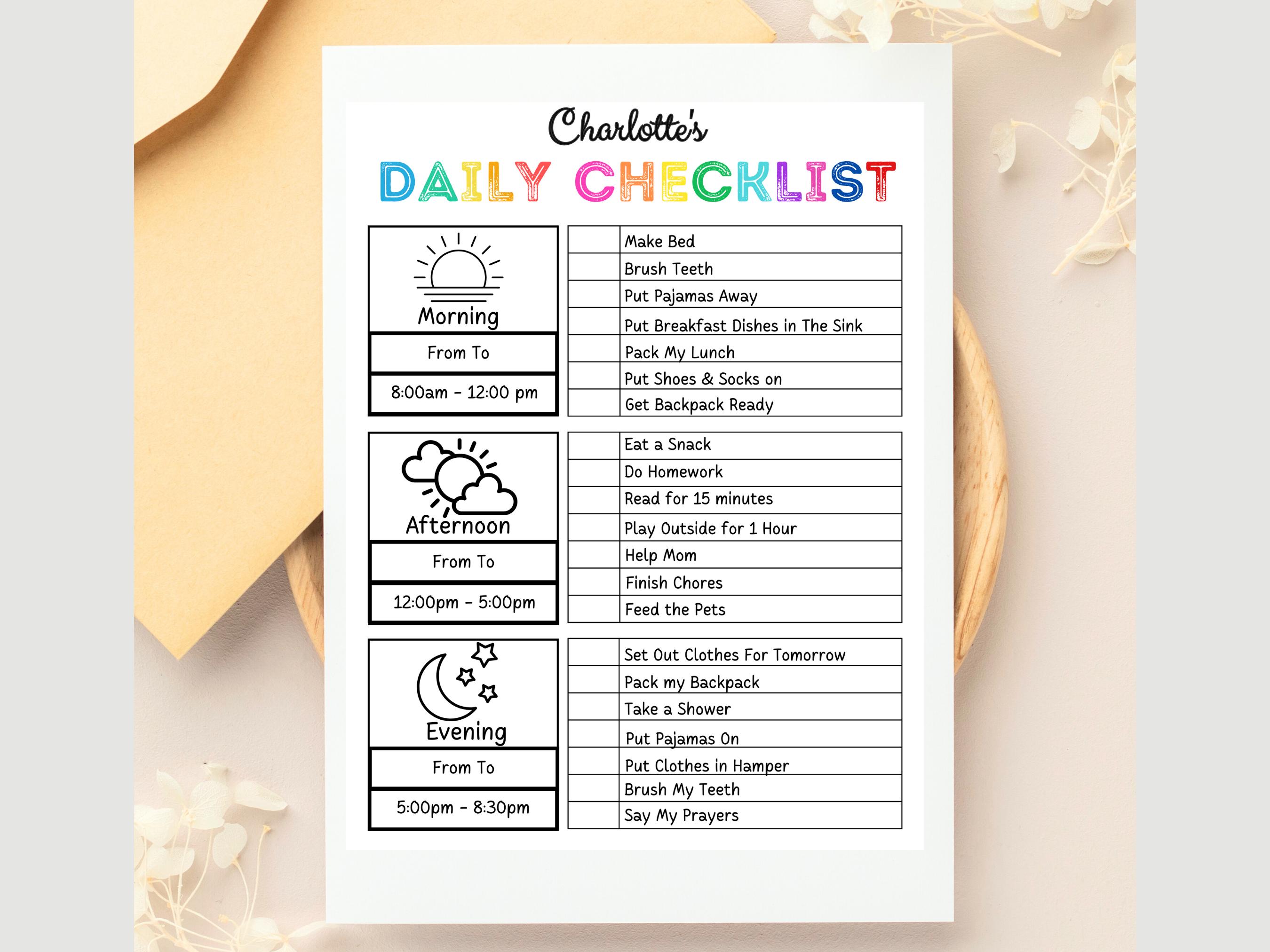 Kids Daily School Checklist, Editable Chore Chart, Responsibility Chart ...