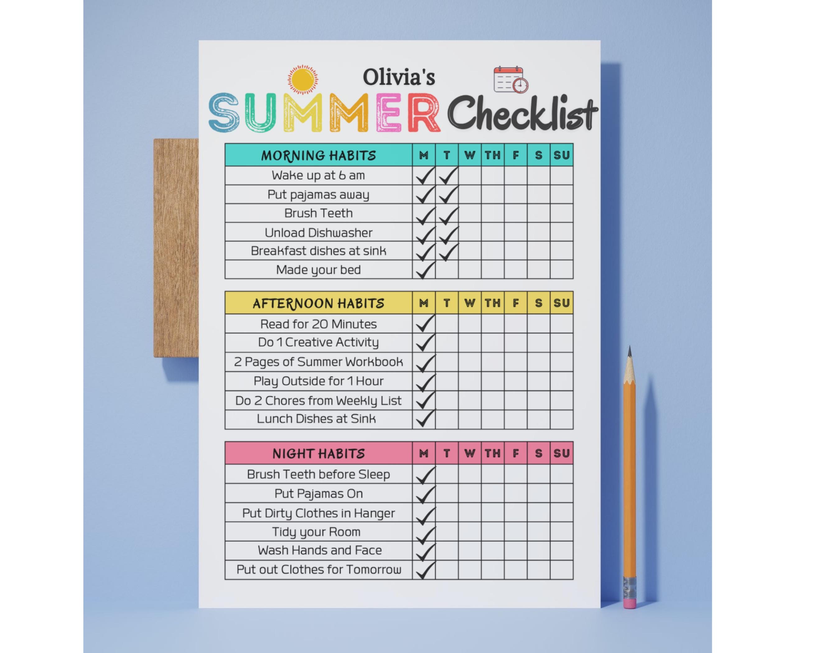 Summer Checklist, Editable Summer Daily Checklist for Kids, Printable ...