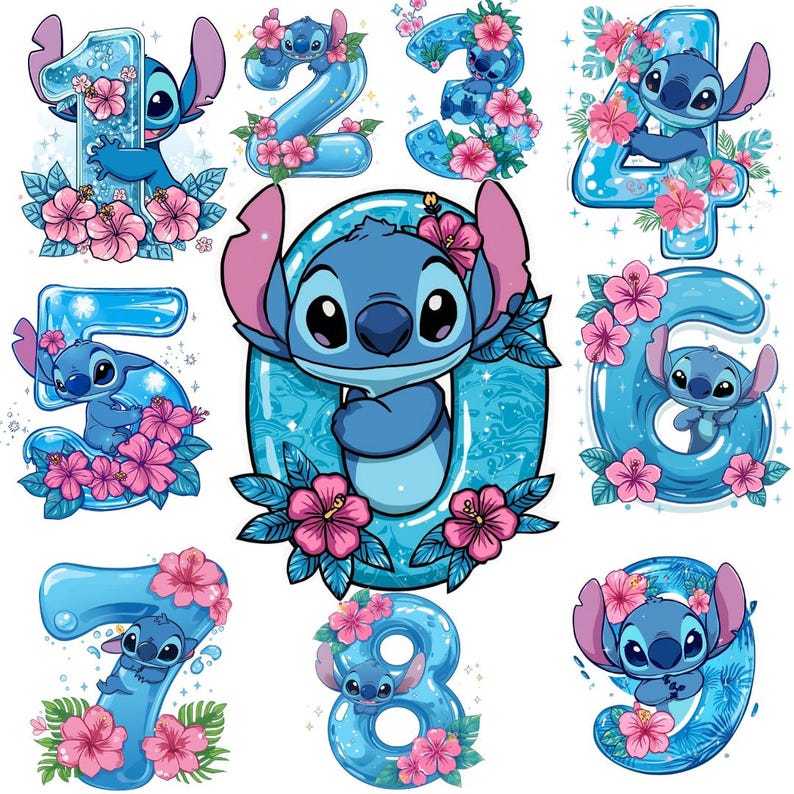 Cartoon Stitch Numbers PNG Bundle, Blue Alien Clipart, Kids Birthday ...