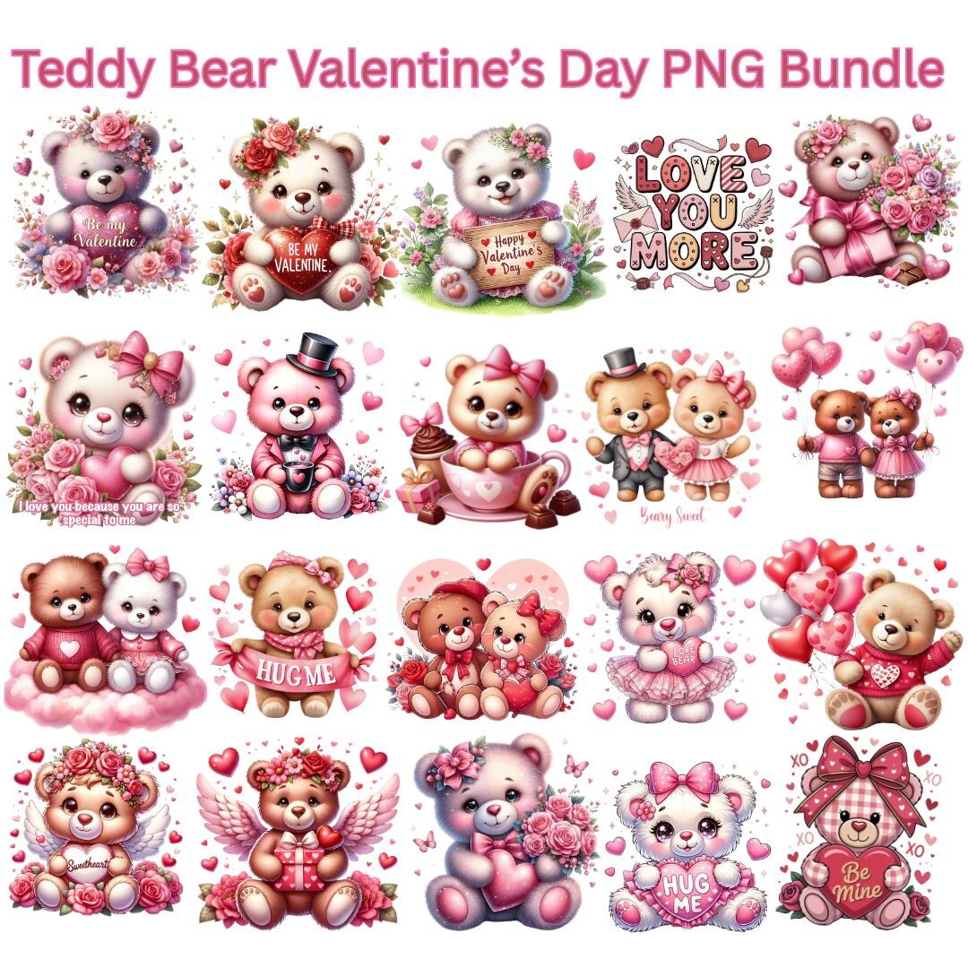 Cute Bear Clipart Bundle, 20 PNG Valentines Rose Teddy Bear, Valentine ...