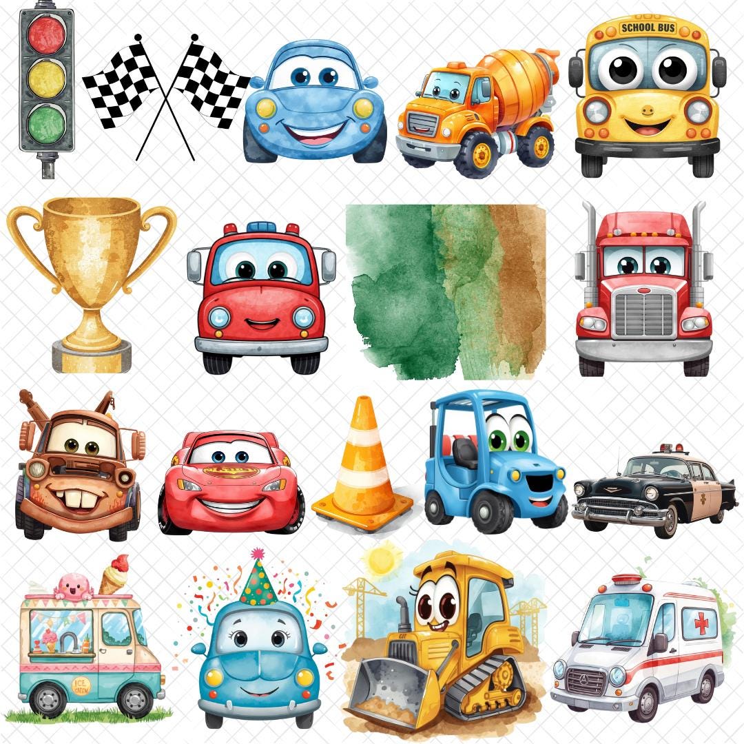 Watercolor Cars PNG Clipart Bundle, Cartoon Graphics (digital Download ...