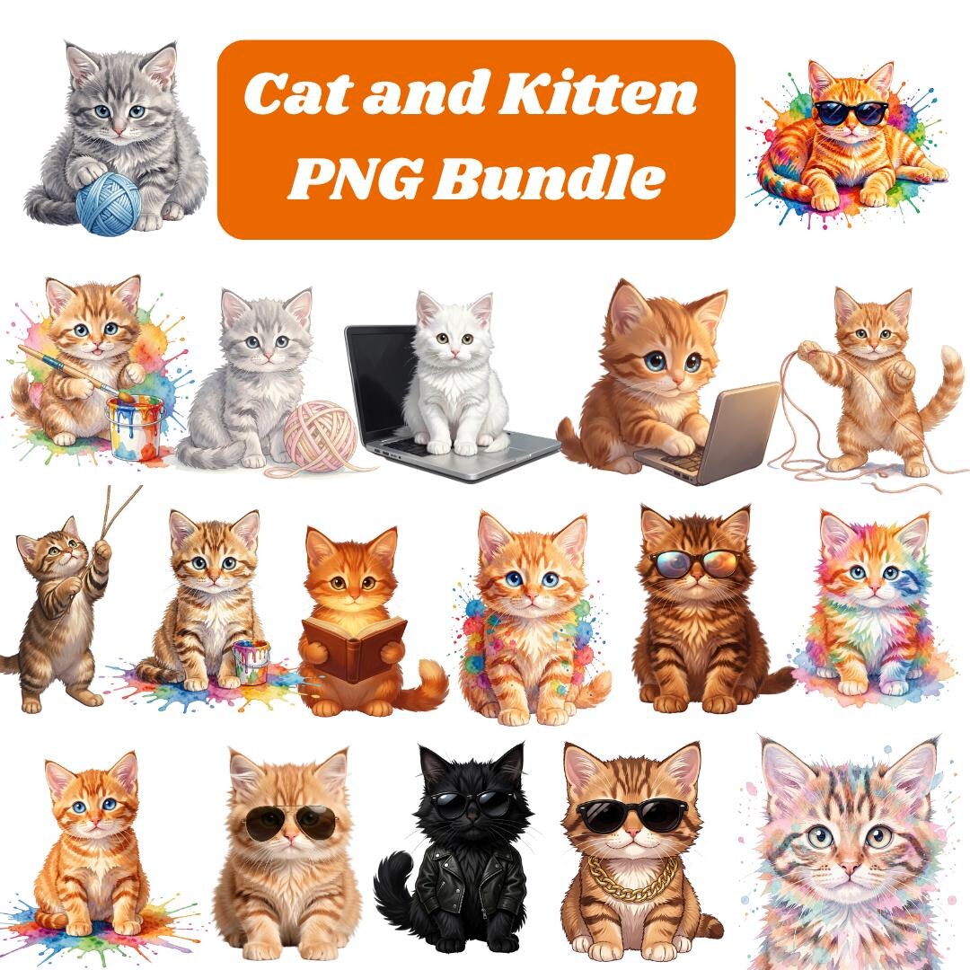 Cat and Kitten PNG Bundle, Adorable Feline Graphics (digital Download ...