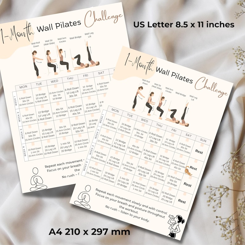1-month Wall Pilates Chart, Beginner Home Exercise Chart PDF, Low ...