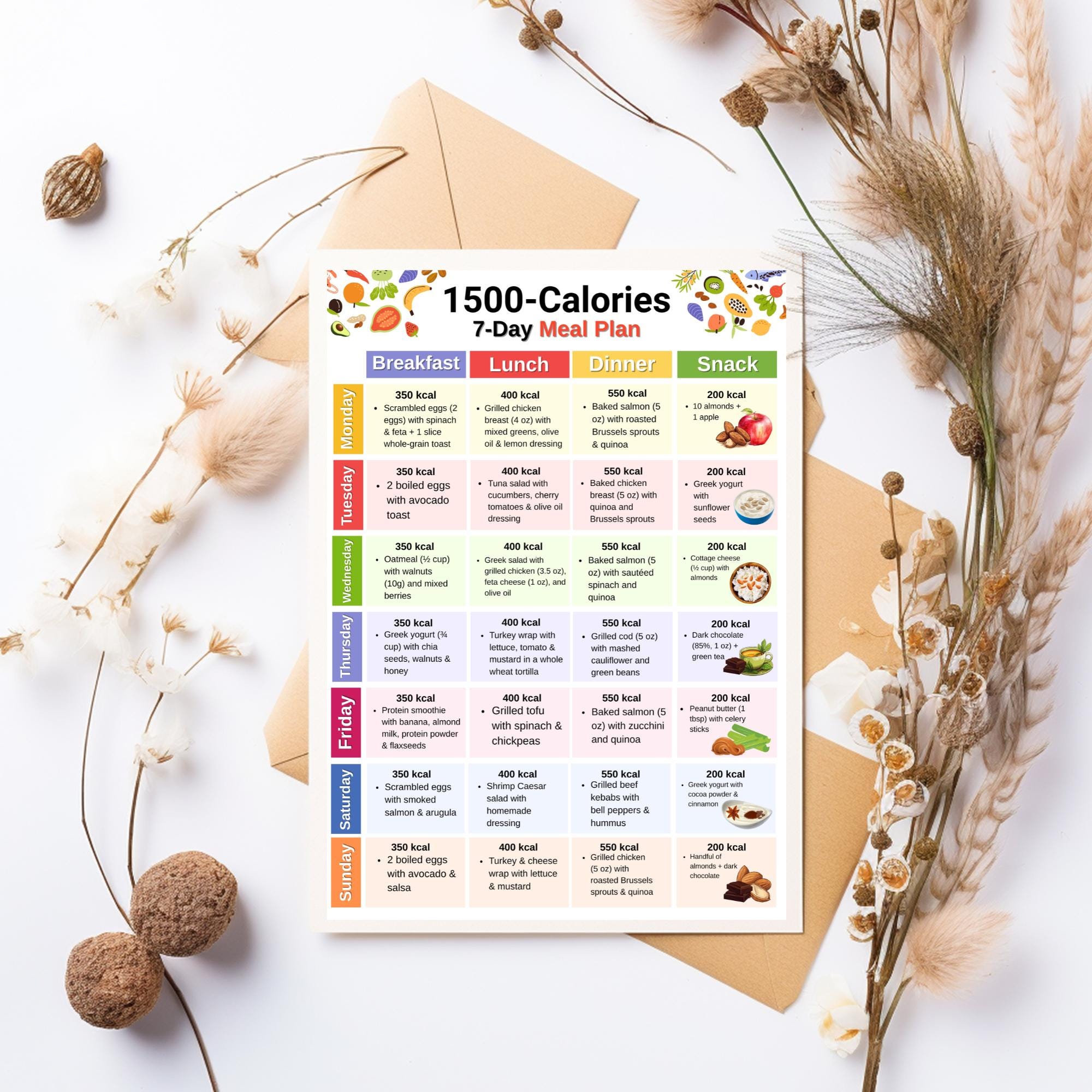 1500 Calories Diet Plan Food Chart, Weekly Low Calorie Food Planner, 1500 Calories Diet Food ...