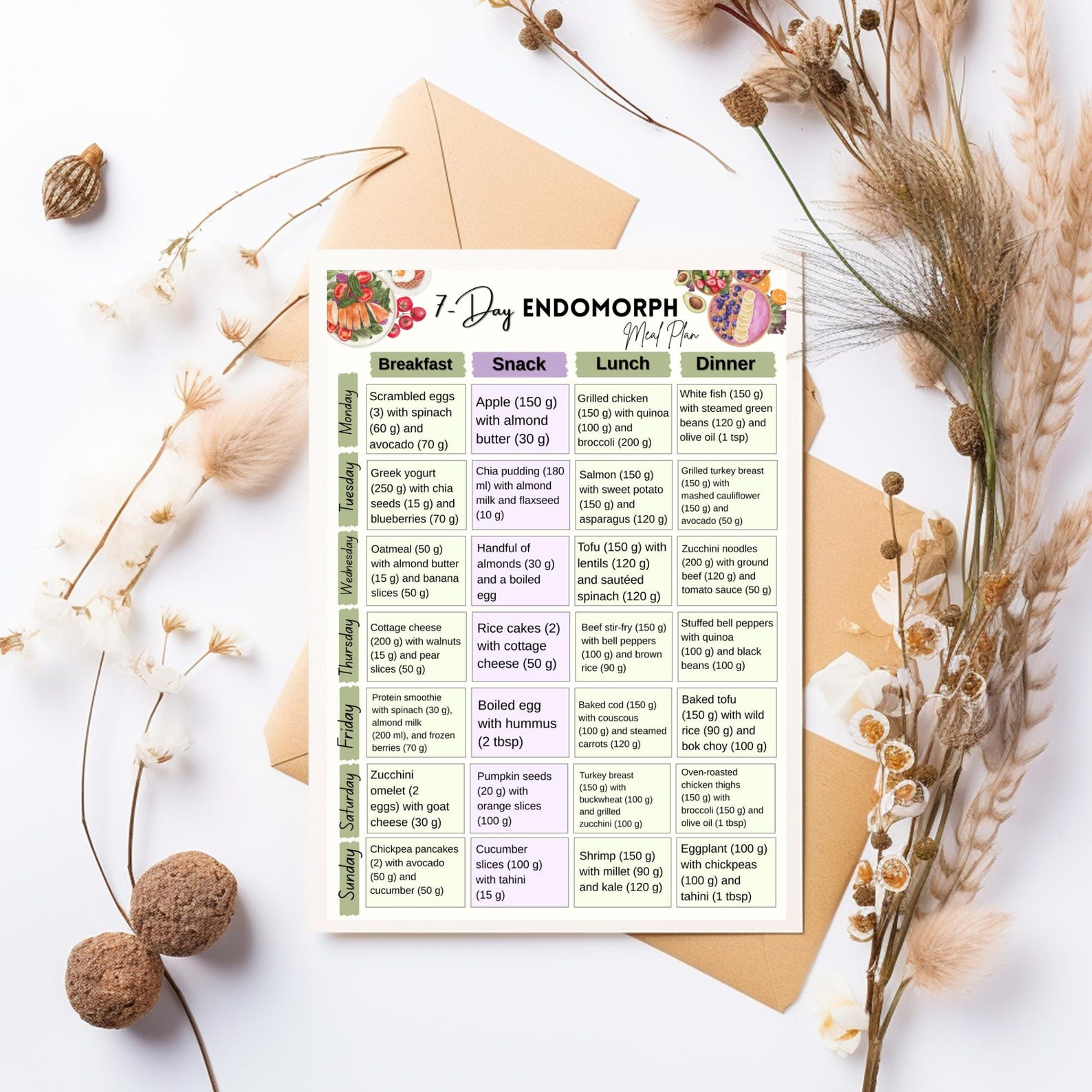 7-day Endomorph Meal Plan PDF, Portion-based Weekly Meal Chart, Body ...
