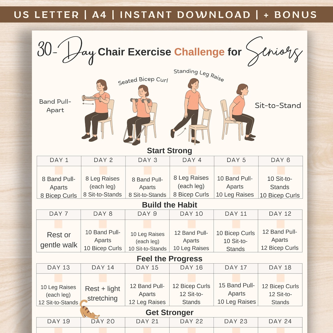 30-day Chair Exercise Challenge for Seniors, Chair Workout, Printable ...