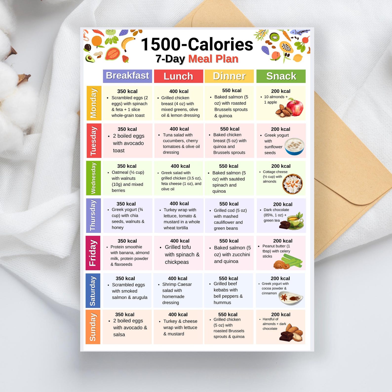1500 Calories Diet Plan Food Chart, Weekly Low Calorie Food Planner ...