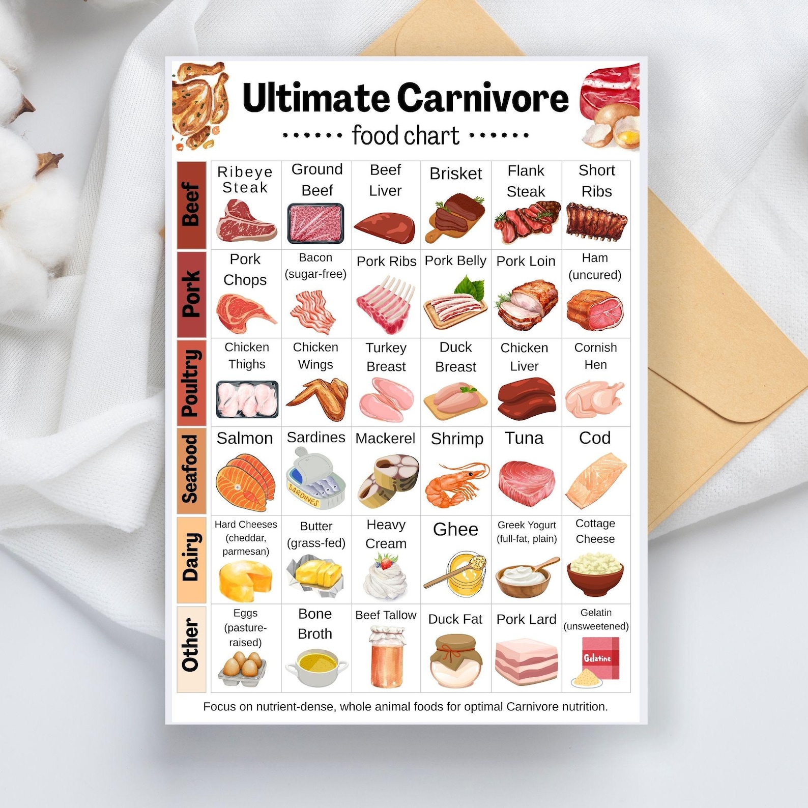 Carnivore Diet Food Chart, Zero Carb Food List, Keto Carnivore Grocery ...
