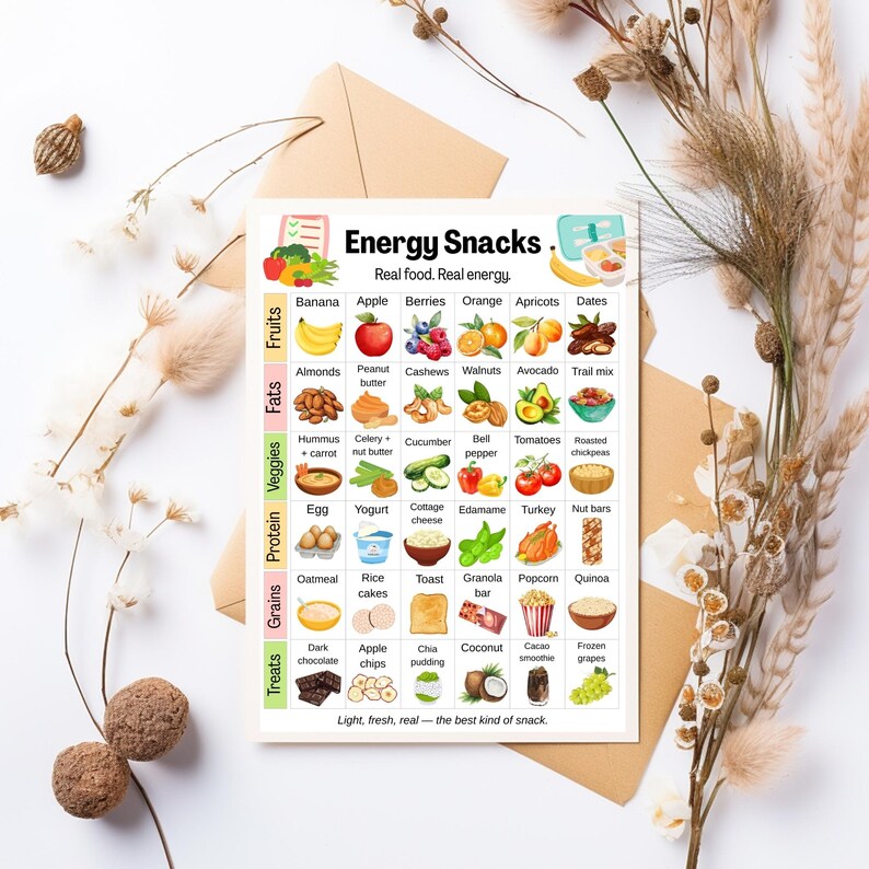 Energy Snacks Food Chart, Real Food Snack Ideas, Printable Snack List ...