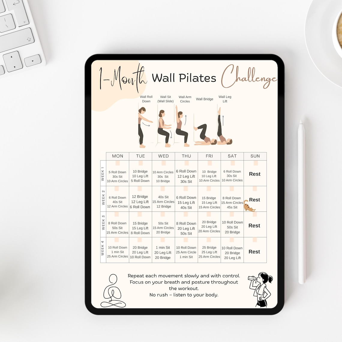 1-month Wall Pilates Chart, Beginner Home Exercise Chart PDF, Low ...
