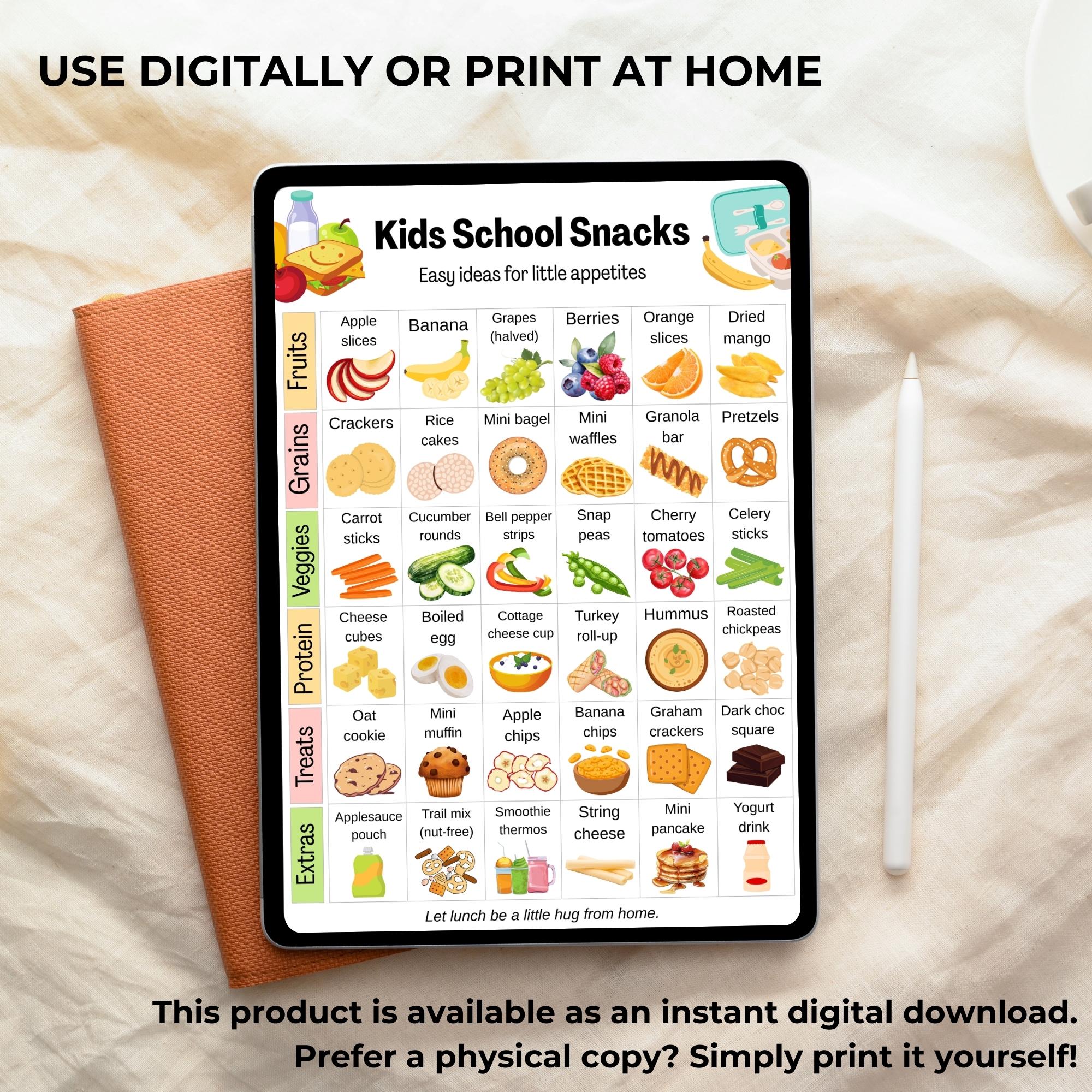 Kids Snacks Chart for School Lunch, Lunchbox Ideas for Kids, Healthy ...