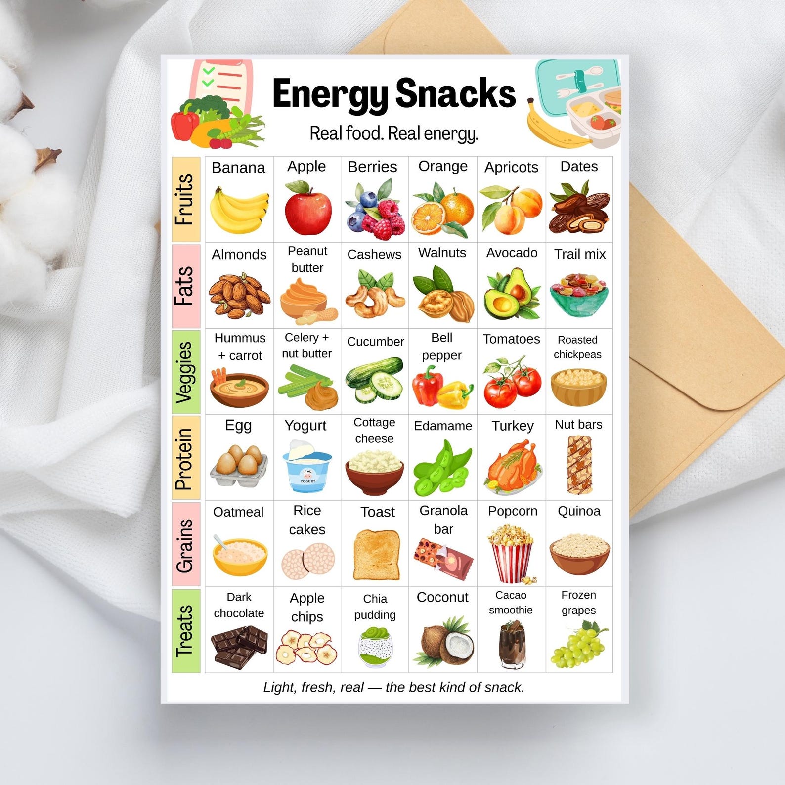 Energy Snacks Food Chart, Real Food Snack Ideas, Printable Snack List ...