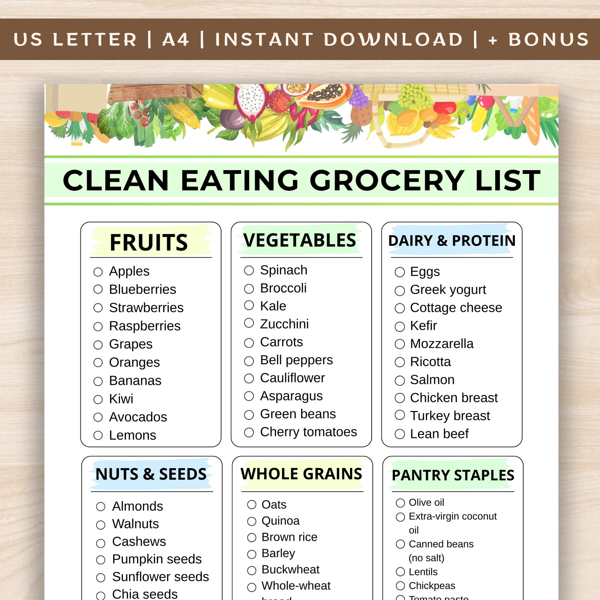 Clean Eating Grocery List Printable, Clean Eating Food List PDF, Whole ...