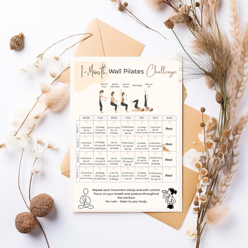 1-month Wall Pilates Chart, Beginner Home Exercise Chart PDF, Low ...