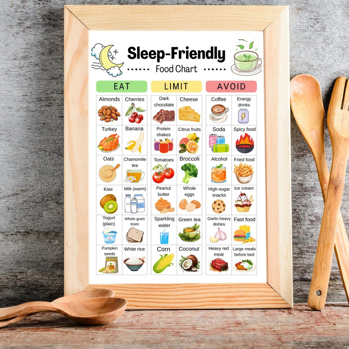 Sleep-friendly Food List, Nighttime Food Chart, Bedtime Grocery List ...