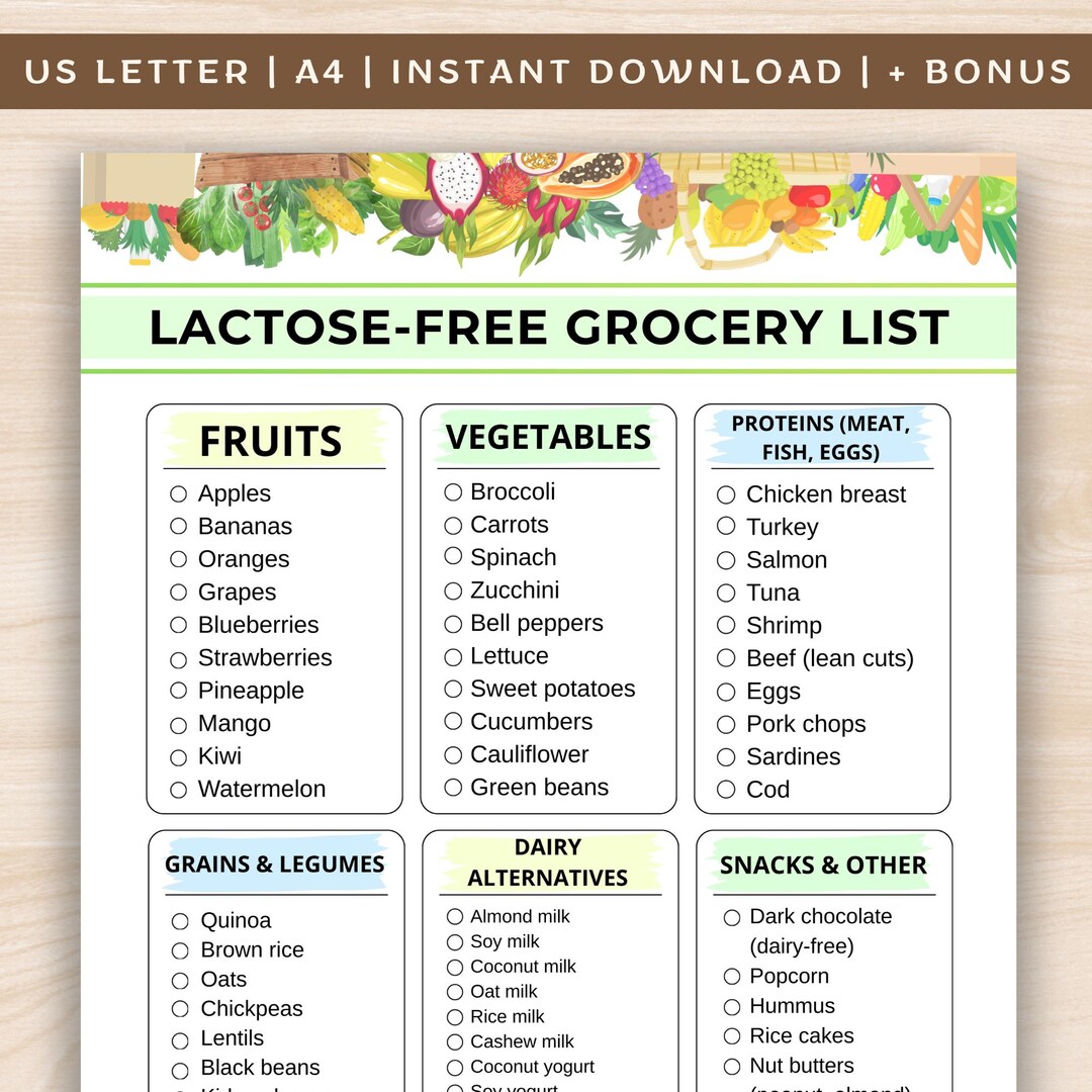 Lactose Free Grocery List, Dairy-free Grocery Chart PDF, Lactose Free ...