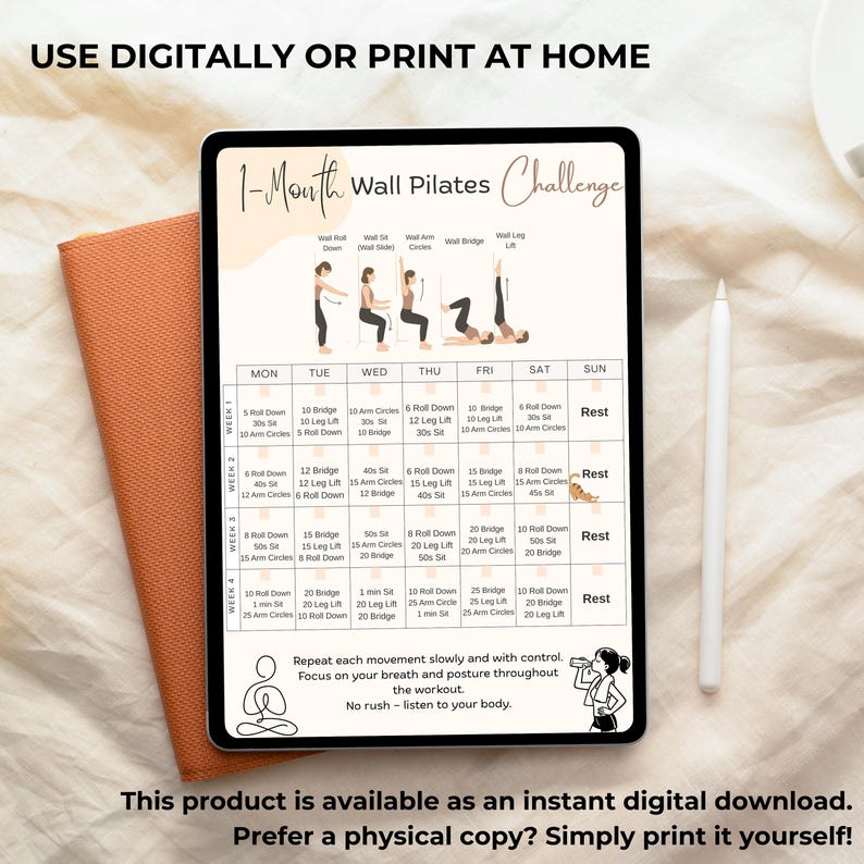 1-month Wall Pilates Chart, Beginner Home Exercise Chart PDF, Low ...