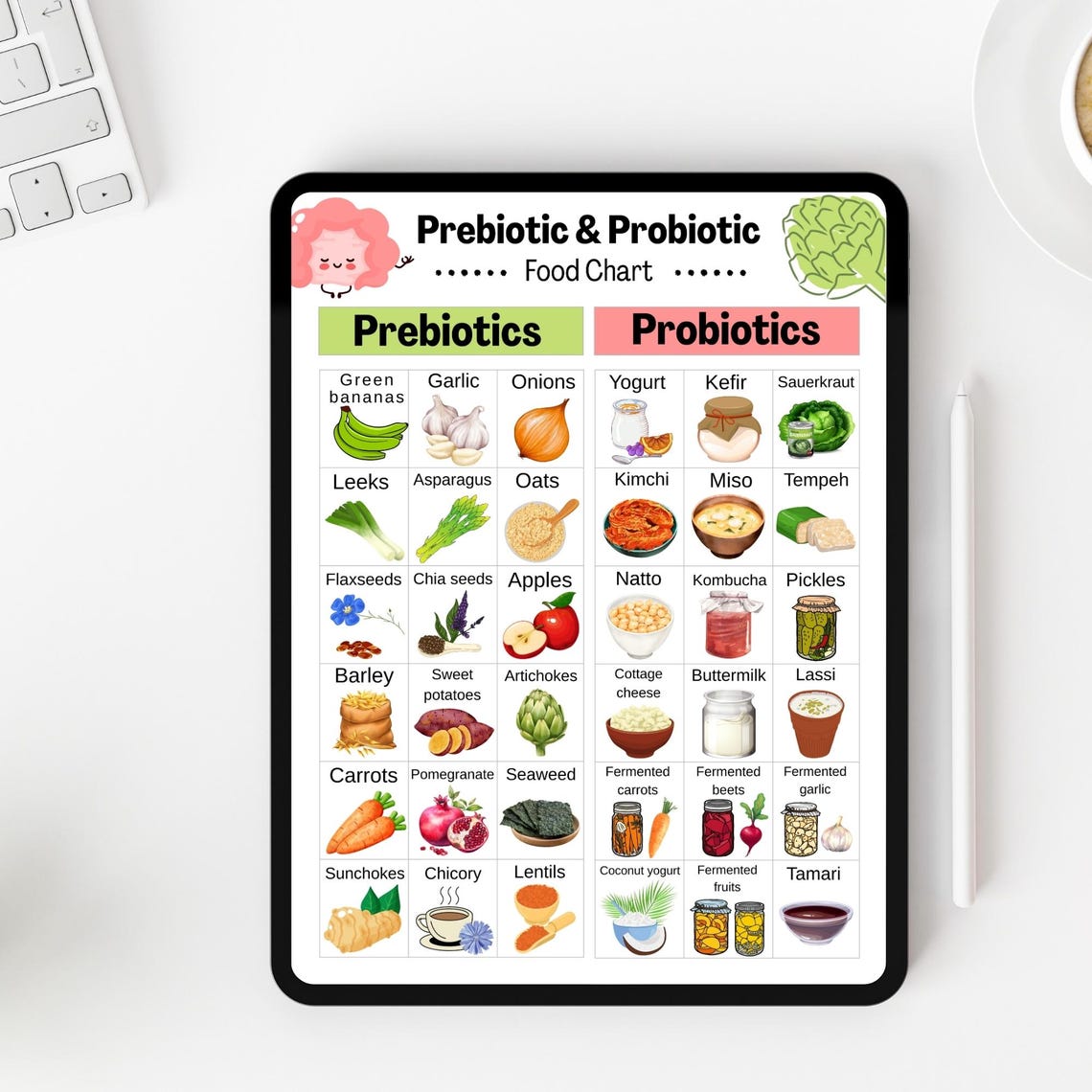 Prebiotic and Probiotic Food Chart, Gut Microbiome Food List, Fermented ...