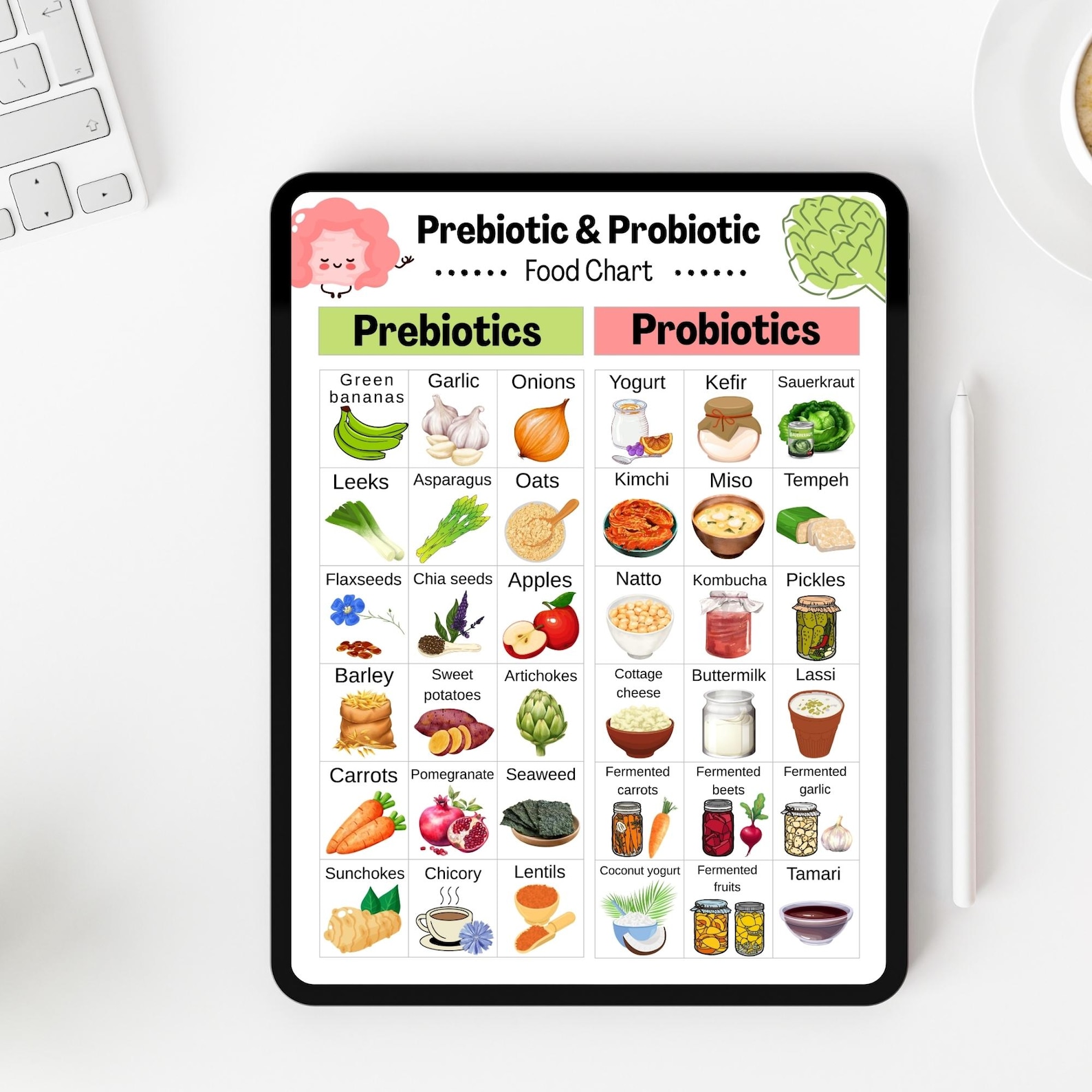 Prebiotic and Probiotic Food Chart, Gut Microbiome Food List, Fermented ...