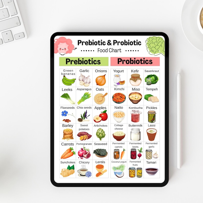 Prebiotic and Probiotic Food Chart, Gut Microbiome Food List, Fermented ...