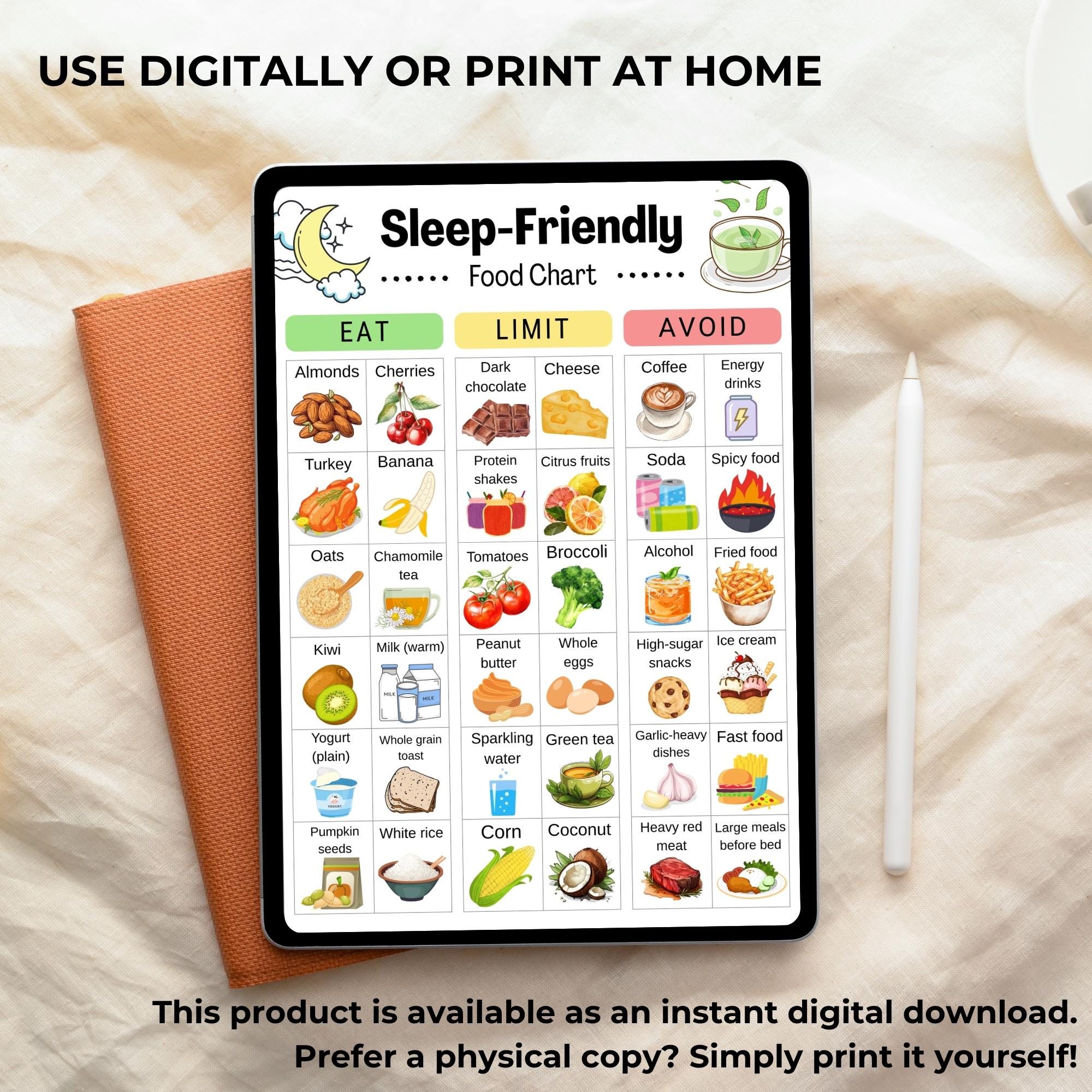 Sleep-friendly Food List, Nighttime Food Chart, Bedtime Grocery List ...